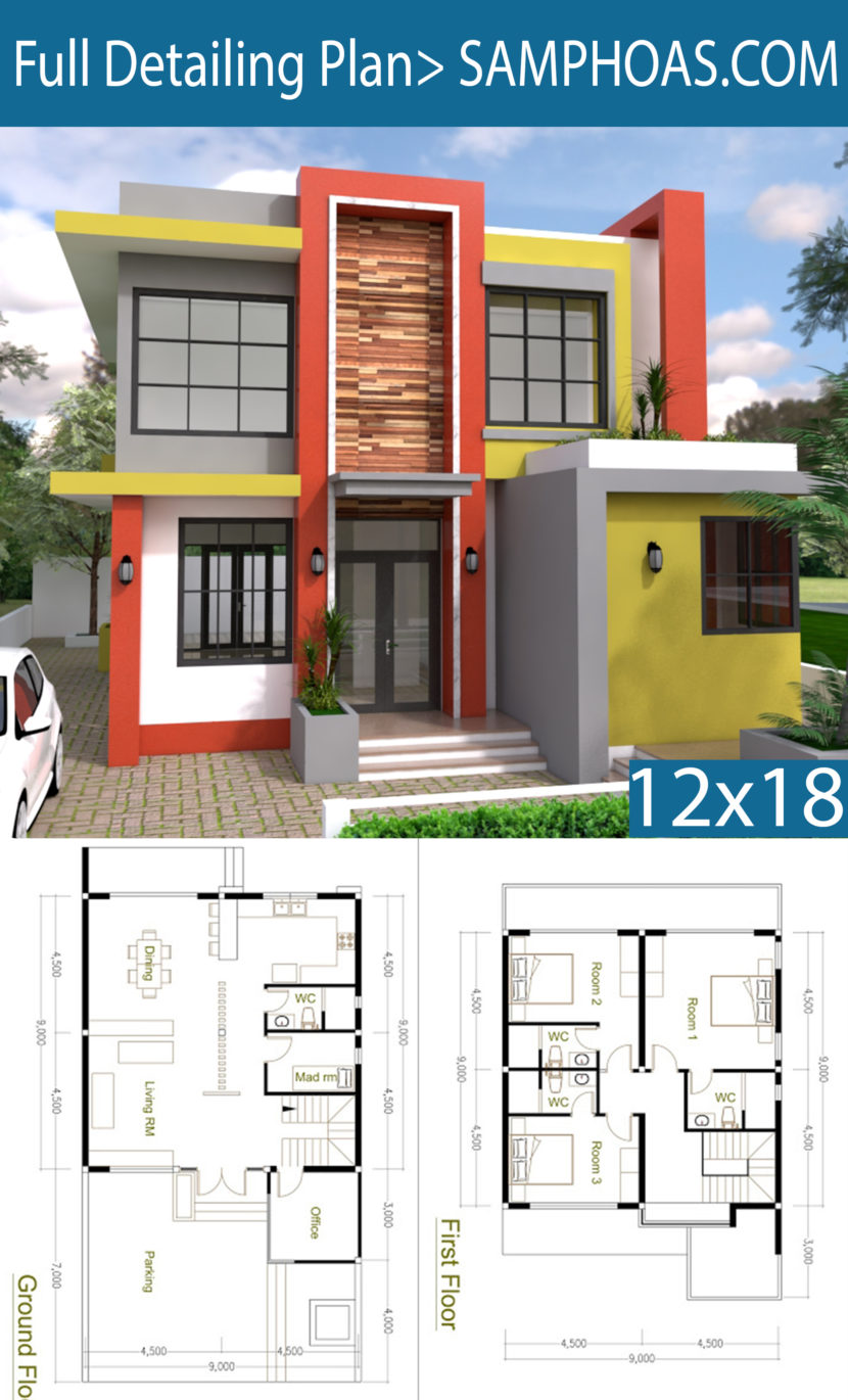 4 Bedrooms Home Design Plan 9x9m - SamPhoas Plan