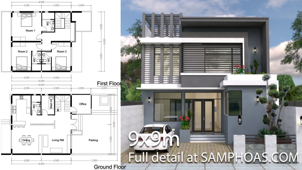3 bedroom modern home plan 9x9m - SamPhoas Plan
