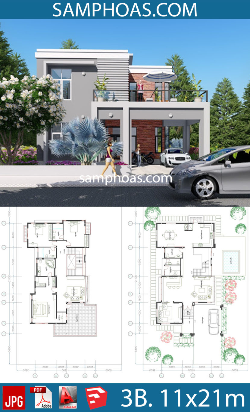3 Bedroom Modern Villa design Size 11.5x21.1m - SamPhoas Plan