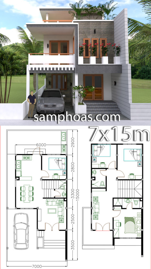 Home Design Plan 7x15m with 4 Bedrooms - SamPhoas Plan