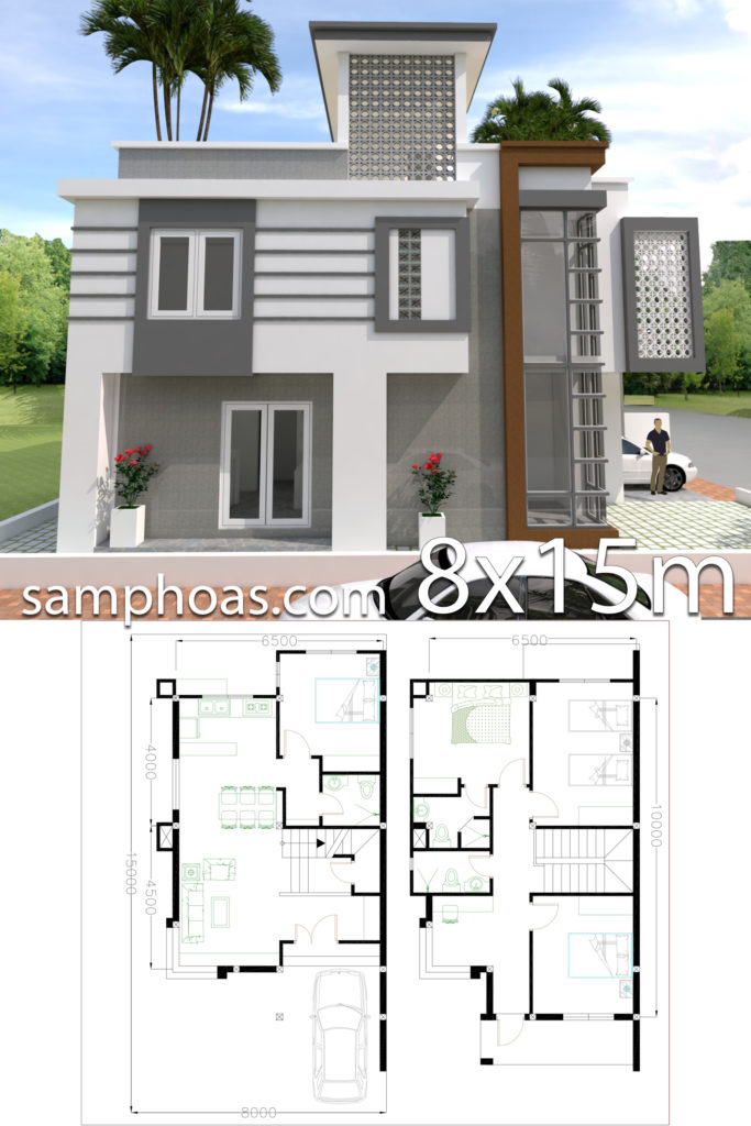 Home Design Plan 8x15m with 4 Bedrooms - SamPhoas Plan