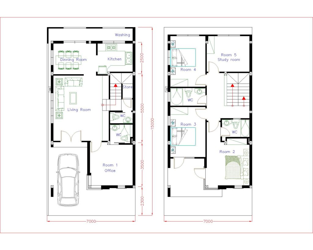 Home Design Plan 7x15m with 5 Bedrooms - SamPhoas Plan