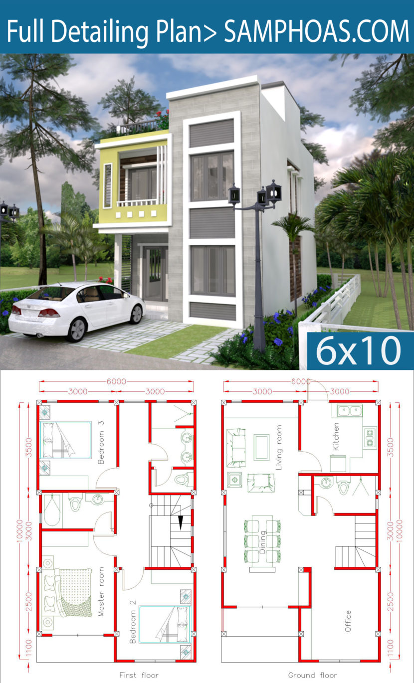 Home Design Plan 6x10m with 3 Bedrooms. - SamPhoas Plan