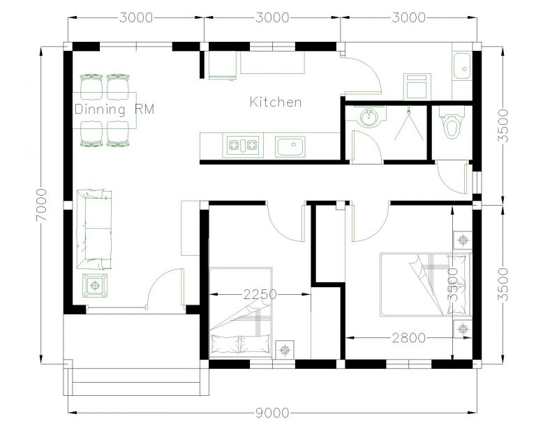 House Design Plans 9x7 with 2 Bedrooms Gable Roof - SamPhoas Plan