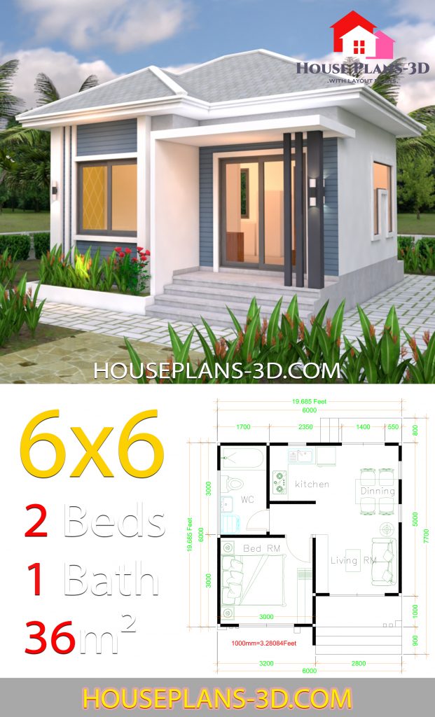 House Design Plans 6x6 with One Bedrooms Hip Roof - SamPhoas Plan