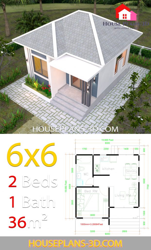 House Design Plans 6x6 with One Bedrooms Hip Roof - SamPhoas Plan