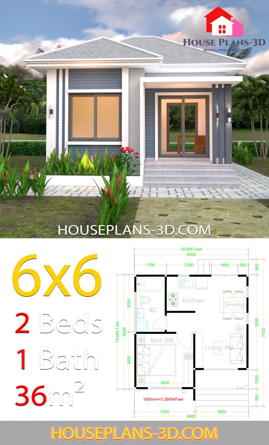 House Design Plans 6x6 with One Bedrooms Hip Roof - SamPhoas Plan