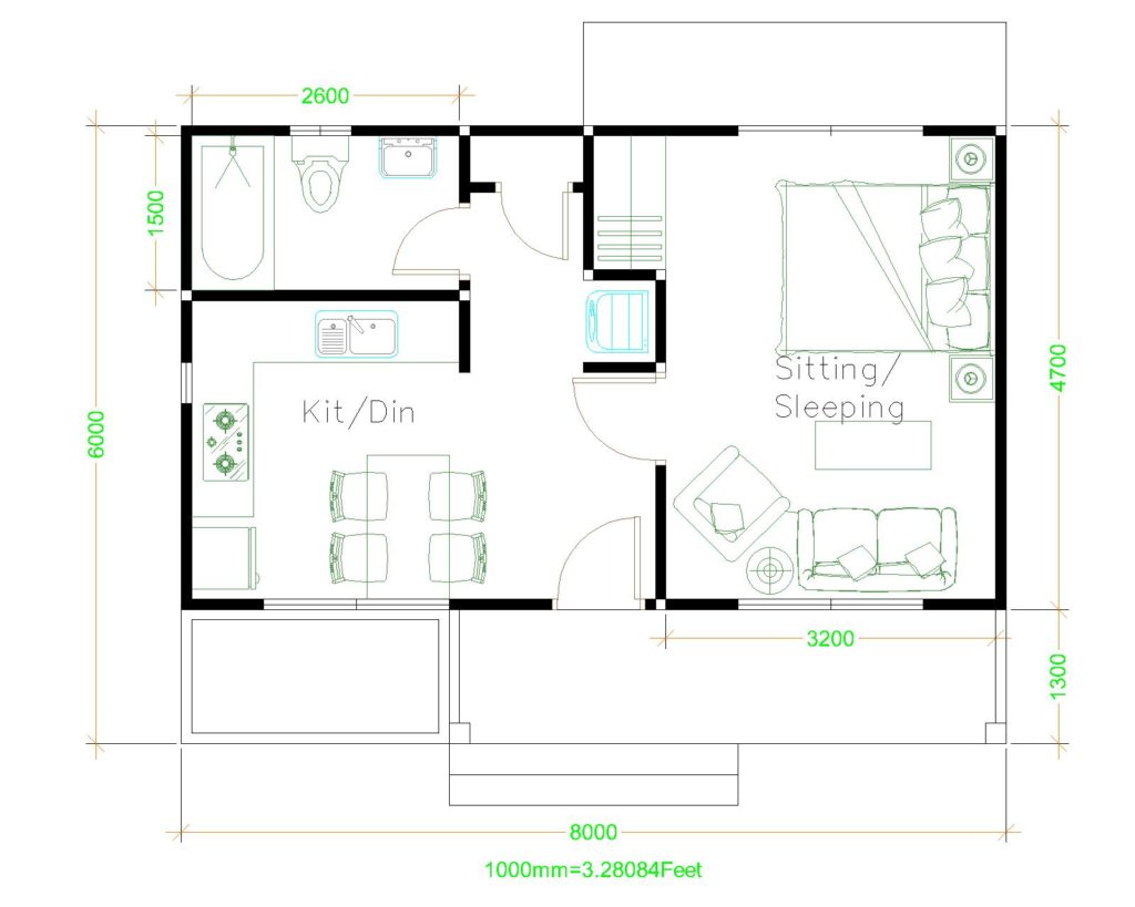House Plans 8x6 with One Bedrooms Shed roof - SamPhoas Plan