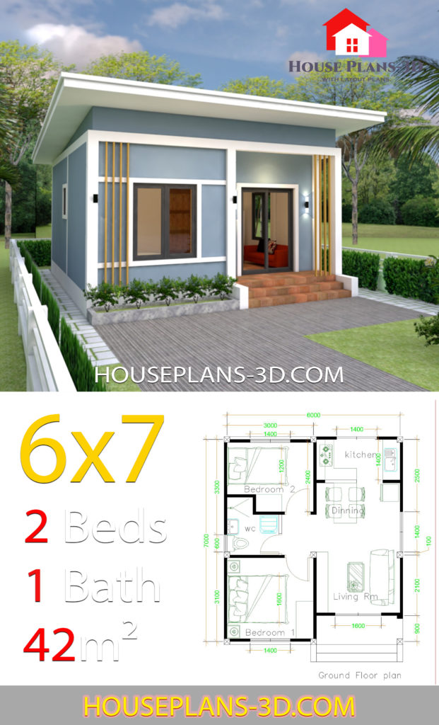 House Plans 6x7 with 2 bedrooms Shed Roof - SamPhoas Plan