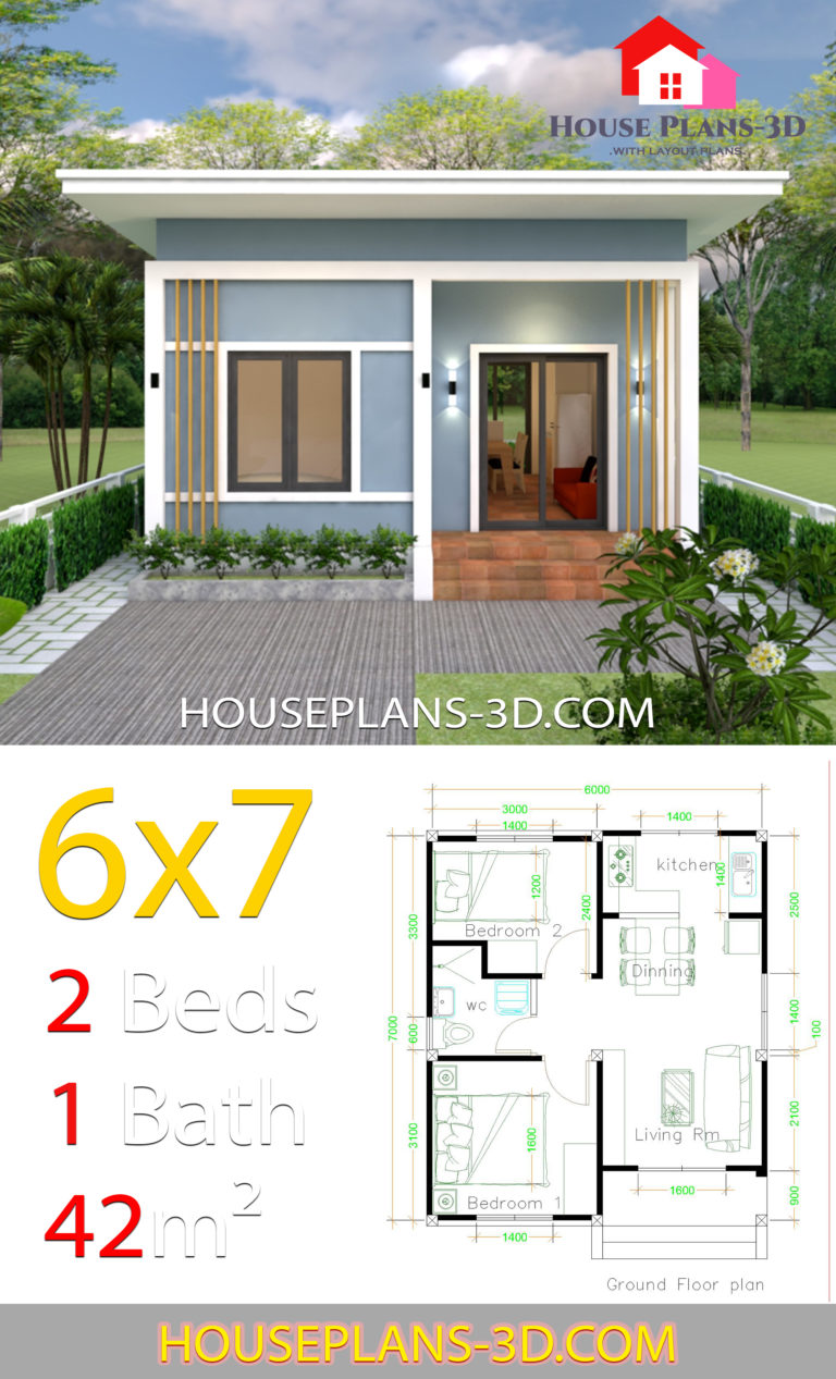 House Plans 6x7 with 2 bedrooms Shed Roof - SamPhoas Plan
