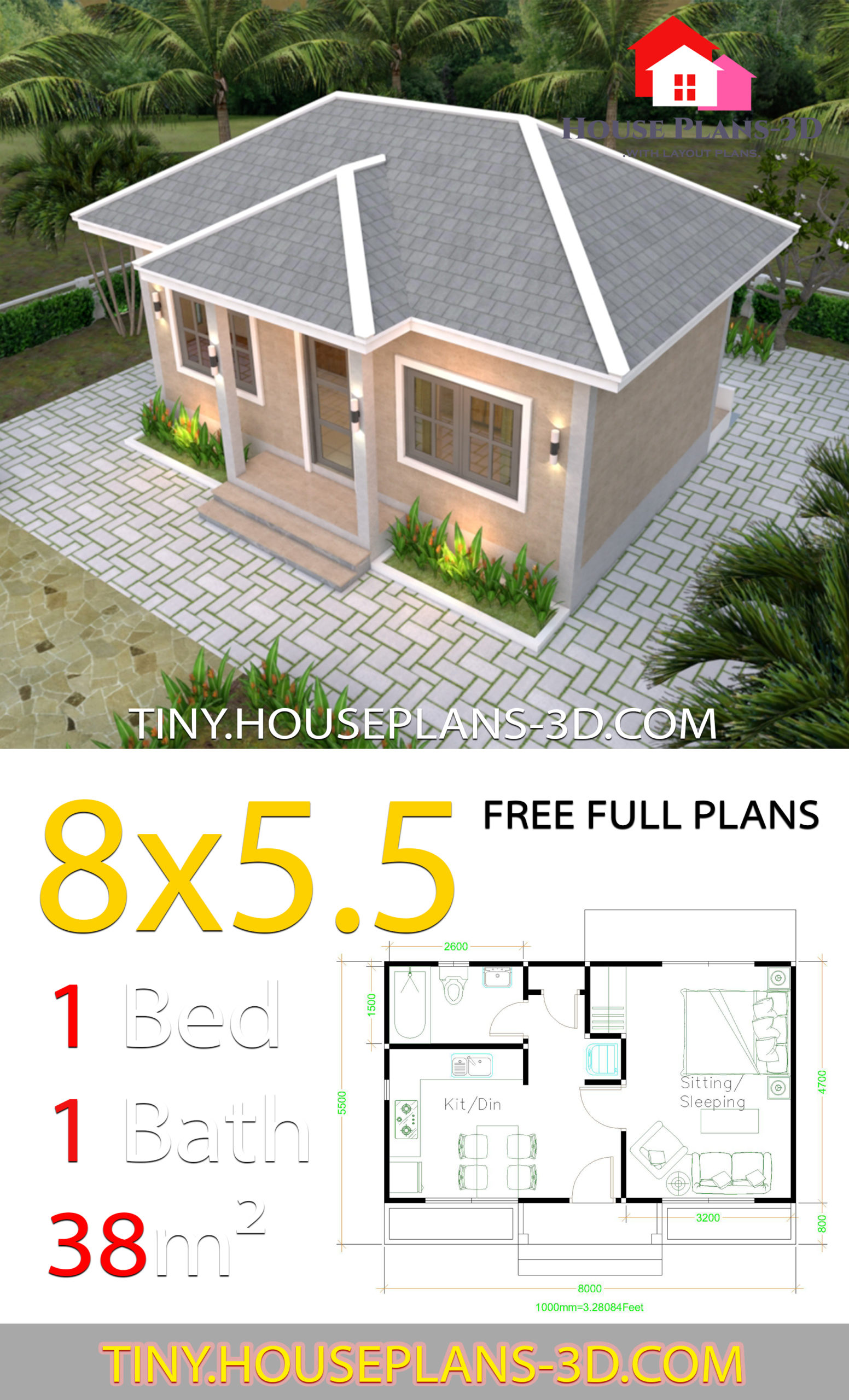 House Plans 8x5 5 With One Bedrooms Gross Hipped Roof Samphoas Plan