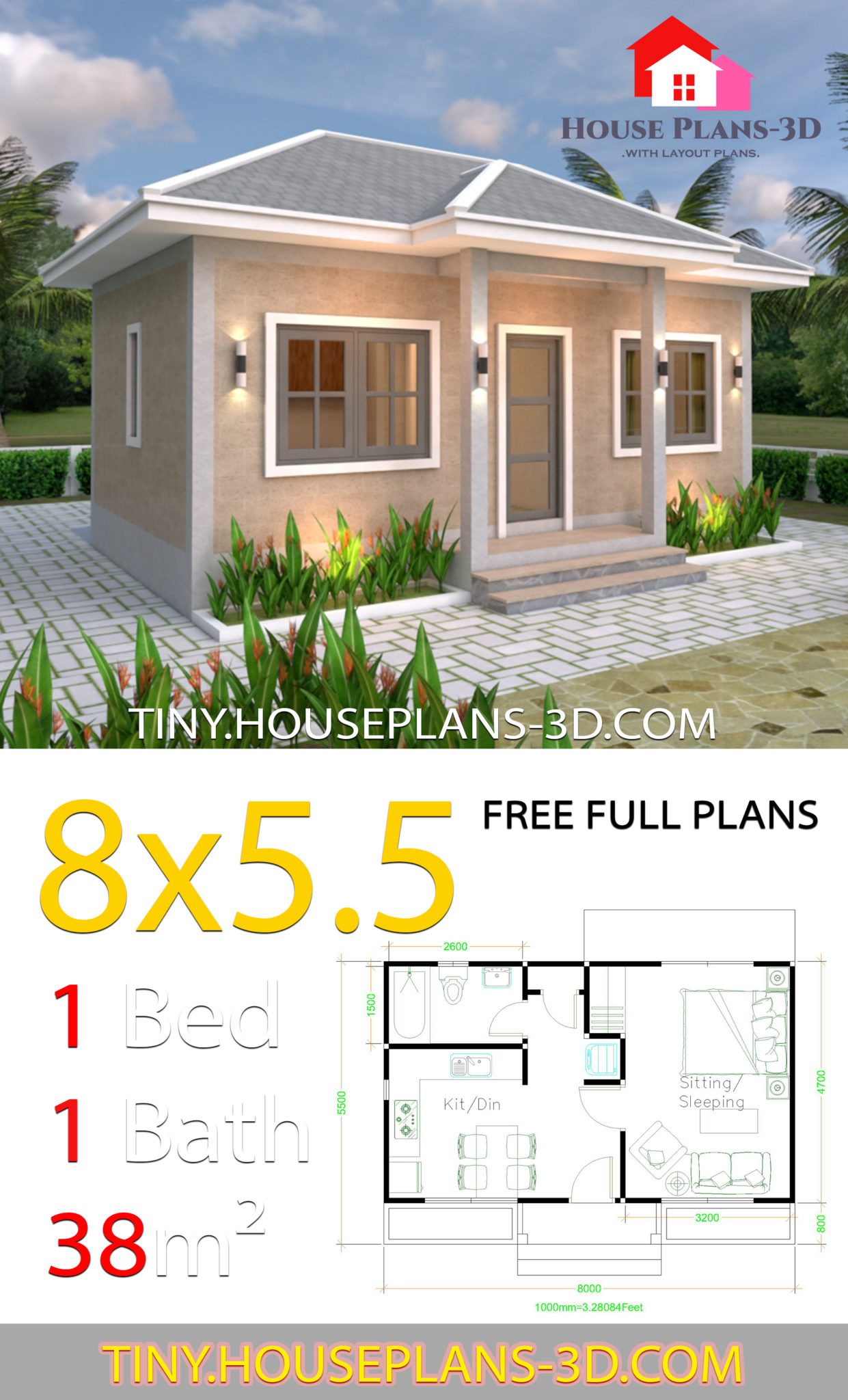 House Plans 8x5 5 With One Bedrooms Gross Hipped Roof Samphoas Plan