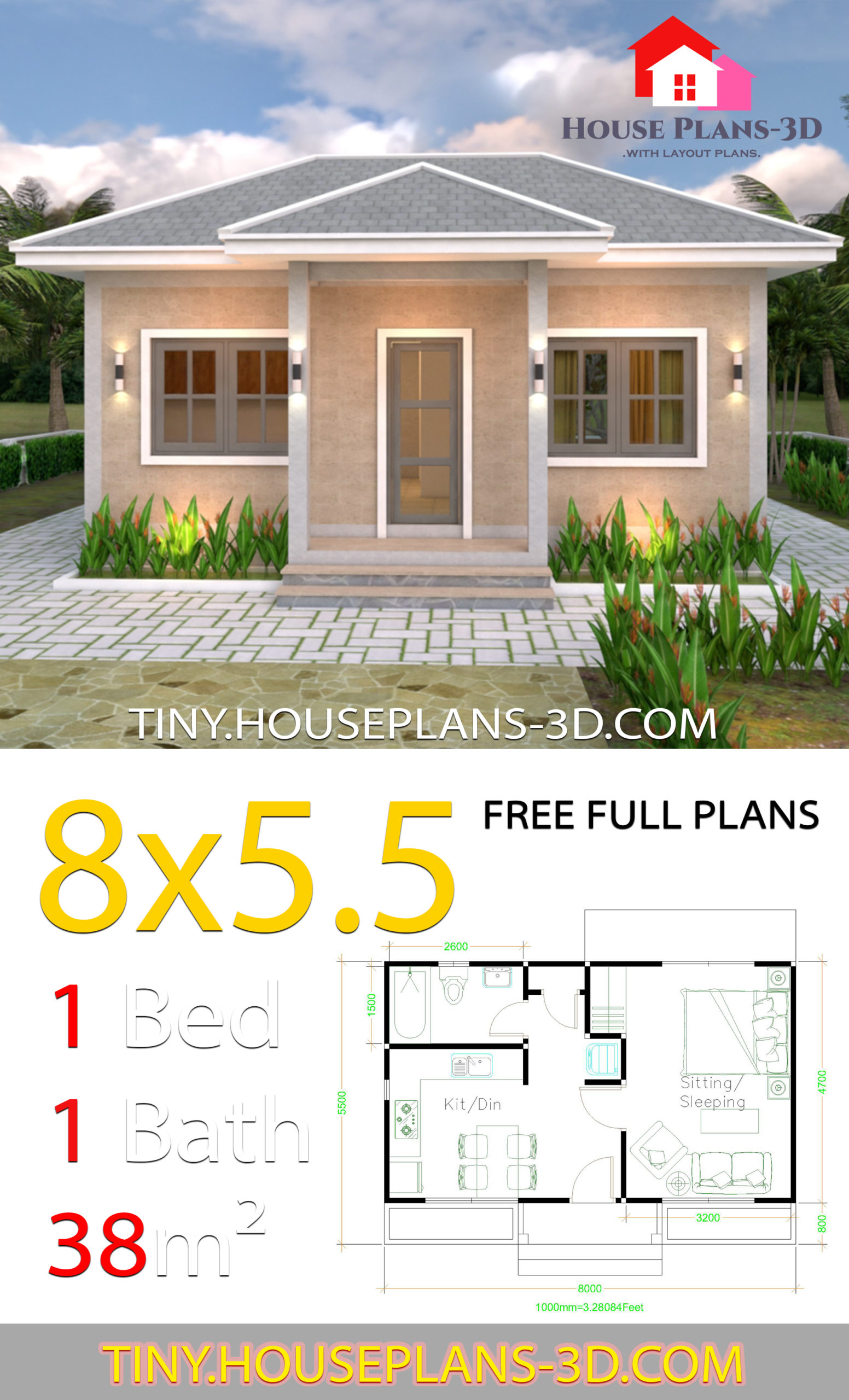 House Plans 8x5 5 With One Bedrooms Gross Hipped Roof Samphoas Plan