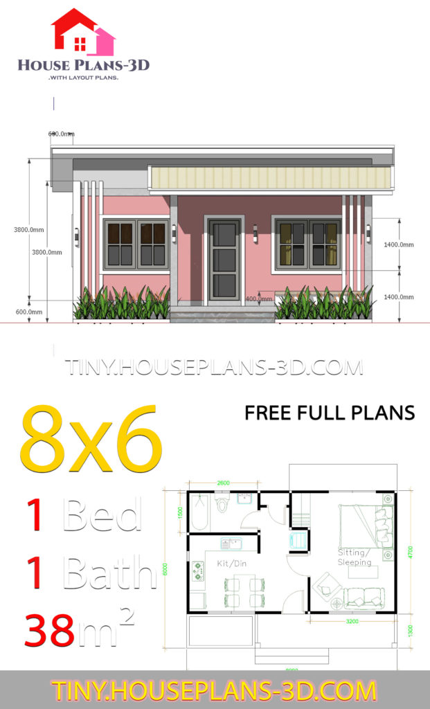 House Plans 8x6 with One Bedrooms Shed roof - SamPhoas Plan